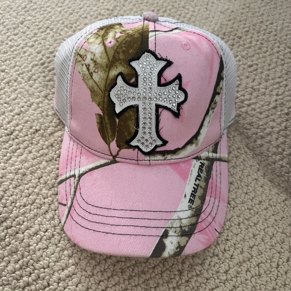 Real Tree Pink Camouflage Cross Bling Ball Cap - Gem